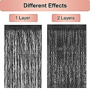 4 Packs 2 Black and 2 Rose Gold Foil Fringe Curtains, 3.2 ft x 8.2 ft Tinsel Curtains with Adhesive, Photo Booth Backdrop for Birthday, Graduation Party Decorations (Black and Rose Gold, 4pcs)