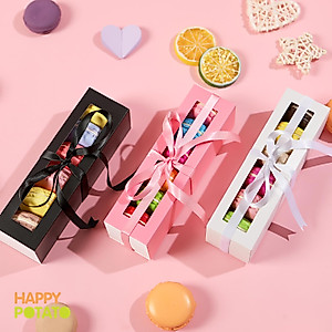 HAPPY POTATO 25 Pack Macaron Boxes for 6, 7.2×1.9×1.9 Inches, Macaron Packaging Boxes, Black Macaron Boxes with Clear Window, Macaron Container Packaging Boxes with Ribbon