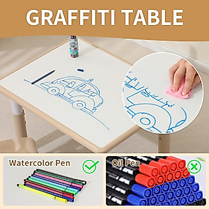 Hulaibit Toddler Table and Chairs, Kids Table and 4 Chairs Set with Graffiti Desktop, Height-Adjustable Kids Study Table for Boys and Girls Aged 3-8, Max 300lbs