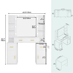 YITAHOME Vanity Desk with Mirror and Lights, Makeup Vanity Set with Shelf and Drawers, Large Dressing Table with Charging Station, Storage Stool, 3 Lighting Modes Brightness Adjustable, Bedroom, Ivory
