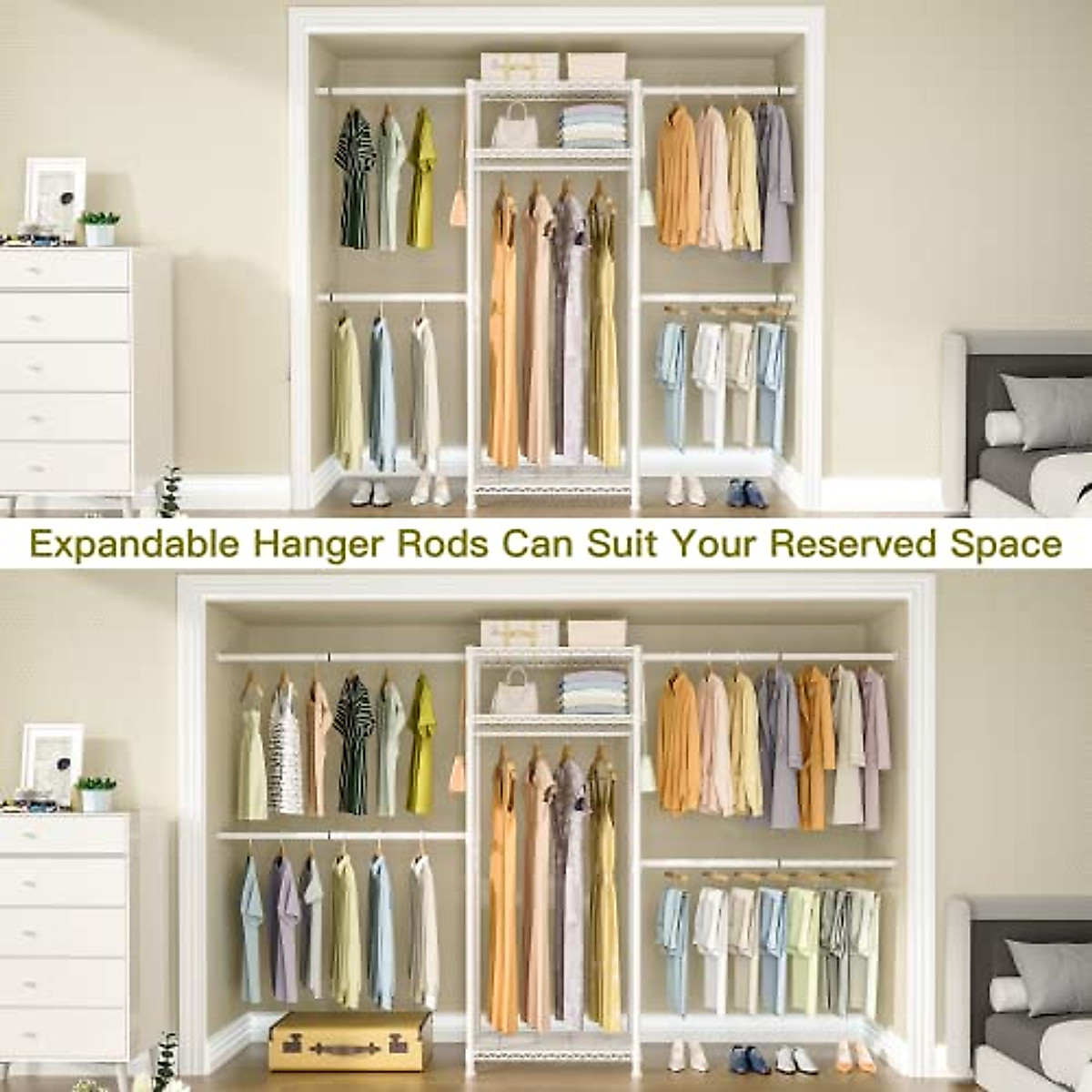 Ulif M3 Clothes Rack Closet Organizer and Storage System 3 Tiers Built-in Wall Mounted Heavy Duty Garment Rack with 4 Expandable Hanger Rods, Fits Space 4.3-9.3 ft, 72.2"H, Load Capacity 710LBS, White