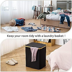 Laundry Hamper with Lid by TECHMILLY, 66L Small Tall Laundry Basket with Bamboo Handles for Clothes and Toys, Collapsible Laundry Basket with Removable Inner Bag for Bedroom and Bathroom, Black