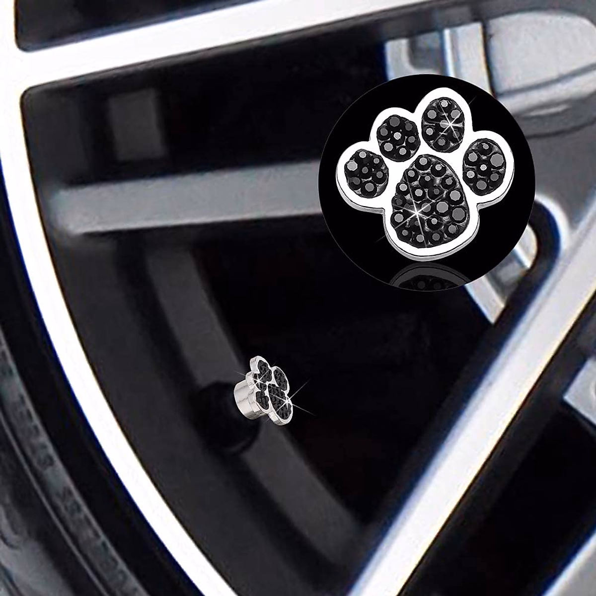 SAVORI Paw Valve Stem Caps Car Accessories Bling Handmade Crystal Rhinestone Universal Tire Valve Dust Caps 4 Pack fit for Car Auto SUV Truck Bike Wheels (Black)