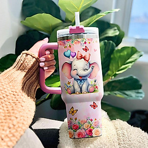 99WHALE Elephant Gifts, Tumbler 40 Oz With Handle Lid And Straw, Elephant Floral, Insulated Simple Stainless Primrose Coffee Parade Flower Red Heart Quartz Yellow Steel Camelia