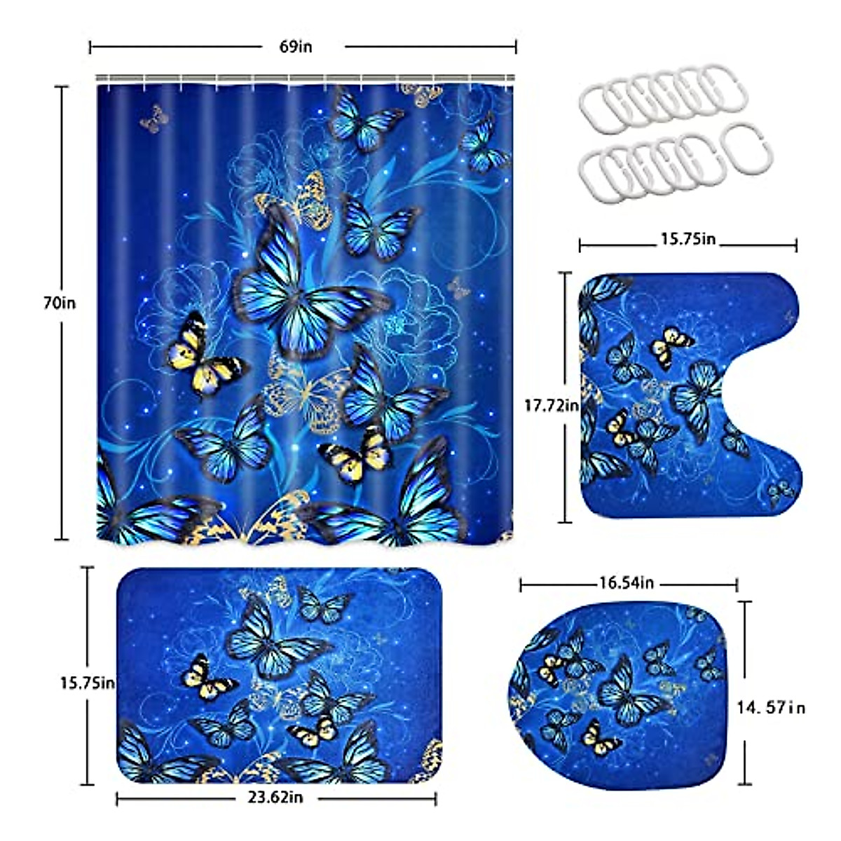 Claswcalor 4 Pcs Flower Butterfly Shower Curtain Set with Non-Slip Rug, Toilet Lid Cover and Bath Mat, Blue Floral Shower Curtain with 12 Hooks, Waterproof Fabric Shower Curtains for Bathroom Decor