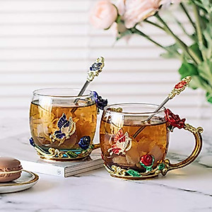 BTAT- Flower Tea Cup, Pack of 2, 11 Oz, Glass Tea Cup, Tea Glass, Flower Mug, Butterfly Tea Cup, Tea Cup Gift Sets for Women, Pretty Tea Cup, Unique Tea Cups, Mother's Day Gift