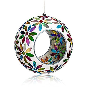 VCUTEKA Bird Feeder for Outside Hanging with Round Shape Glass Container to Attract More Wild Birds, Mosaic Fly Through for Garden, Yard, Backyard, Deck and Porch Decor, 7-Inch