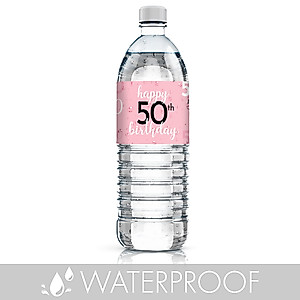 Pink, Black, and White 50th Birthday Party Water Bottle Labels - 24 Count, 50th Birthday Party Decorations for Women