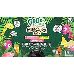 GoGo squeeZ Fruit & veggieZ Variety Pack, Jurassic Pear, Roarrrr Berry & Prehistoric Peach, 3.2 oz (Pack of 20), Unsweetened Snacks for Kids, No Gluten, Nut & Dairy, Recloseable Cap, BPA Free Pouches