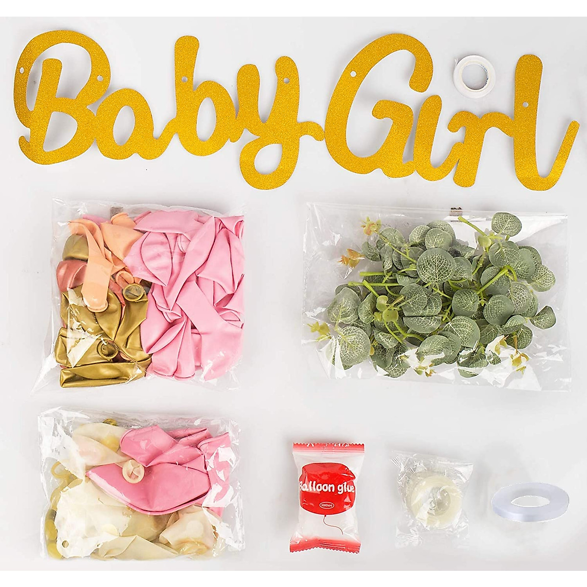 122Pcs Baby Shower Decorations for Girl Rose Gold Pink Balloons Arch Garland Kit with Eucalyptus Boho Greenery Baby Girl Banner Peach Blush Gold Balloons for Baby in Bloom Gender Reveal Party Supplies
