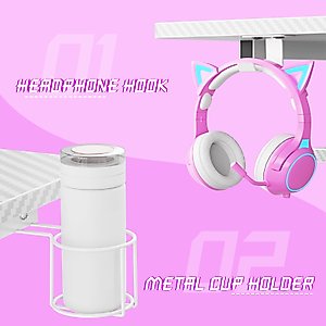 armocity L Shaped Gaming Desk with LED Lights and Outlets, White PC Gaming Desk with Monitor Stand and Shelves, Reversible Gaming Computer Desk with Keyboard Tray & Z-Shape Legs, 47"