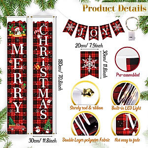 7 Pcs Merry Christmas Banner Lighted Front Porch Sign, Red Black Buffalo Plaid Porch Sign, Joy Merry Christmas Led Lights Door Banner, for Xmas Home Wall Door Yard Hanging Holiday Party Outdoor Decor