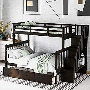 TARTOP Twin Over Full Bunk Bed with Drawer, Wood Bedfram w/Storage Stairway and Guard Rail for Bedroom, Dorm, Adults, No Box Spring Needed,Espresso
