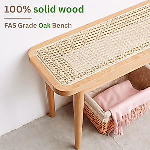Hymus 100% Solid Oak Wood Bench - Rattan Woven Indoor Bench for Entryway, Dining Room, Bedroom - Premium Quality (Natural, 31.49 inch)