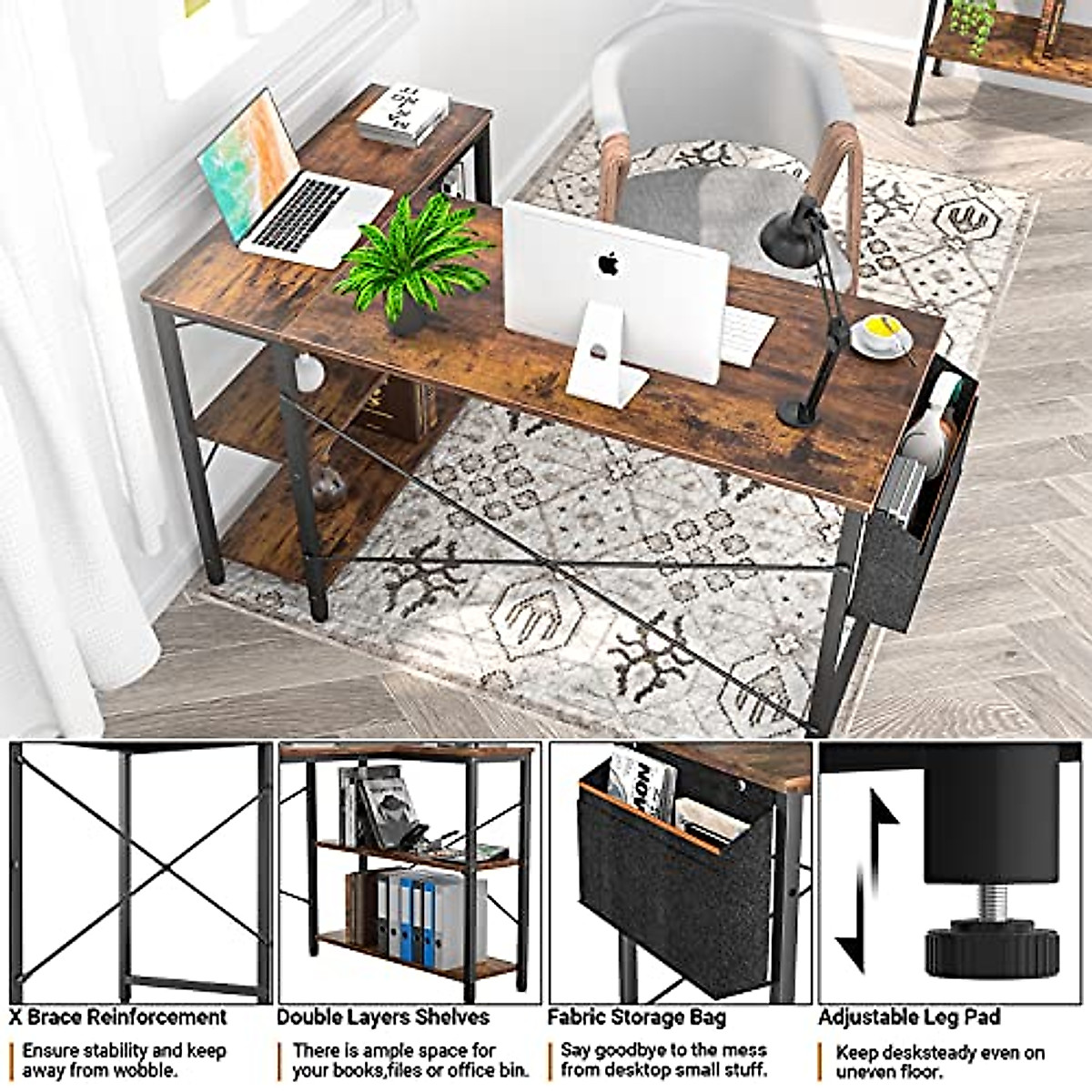 Homieasy Small L Shaped Computer Desk, 47 Inch L-Shaped Corner Desk with Reversible Storage Shelves for Home Office Workstation, Modern Simple Style Writing Desk Table with Storage Bag(Rustic Brown)
