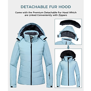 Skieer Women's Ski Jacket Waterproof Windproof Snowboard Coat with Removable Faux Fur Hood(Blue,Small)