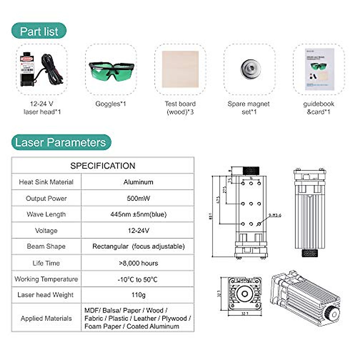 Sovol 3D 500mW Laser Module, 12-24V Engraving Laser Head Kits Magnetic Design with Goggles, Test Wooden Boards for SV01/ SV02/ Ender 3 V2/ Ender 3/ Ender 3 Pro/Ender 5 / Ender 5 Pro 3D Printer