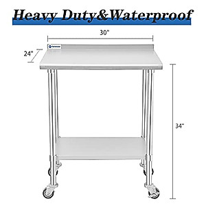 Aplancee Stainless Steel Table, 30 x 24 Inches Prep & Work Table with Caster Backsplash and Adjustable Undershelf Metal Utility Workstations for Commercial Kitchen or Restaurant Supplies