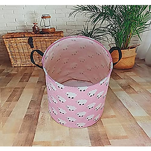 VAIVUSTO Round Laundry Basket, Waterproof Canvas Large Clothes Basket Laundry Hamper with Handles,Cute Cartoon Kids Nursery Hamper for Girls Room,Toy Storage (Pink Sheep)