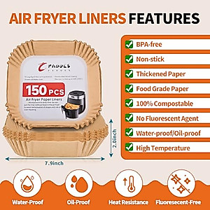 PABUES Air Fryer Paper Liners 6.3inch, 150PCS Non-Stick Parchment Paper,Oil Resistant,Disposable Food Grade Free of Bleach Paper Square for 2-5 QT Air Fryer Baking Roasting Microwave