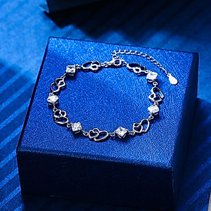 EleQueen 925 Sterling Silver CZ Double Love Open Heart Tennis Bracelet, 6.9"+1.2" Extender (Silver)