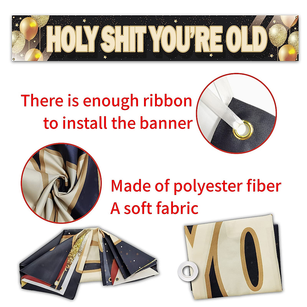 Holy Shit You’re Old Large Banner, Funny Birthday Banner, Happy Birthday Lawn Sign Porch Sign for 30th 40th 50h 60th 70th 80th 90th Birthday Party, Indoor Outdoor Backdrop 8.9 x 1.6 Feet