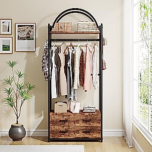 Tribesigns Stylish and Versatile Clothes Rack with Shelves Drawers and Hooks, Modern Closet Organizer, Durable Garment Wardrobe Storage Shelving with Hanging Rod (Rustic Brown)