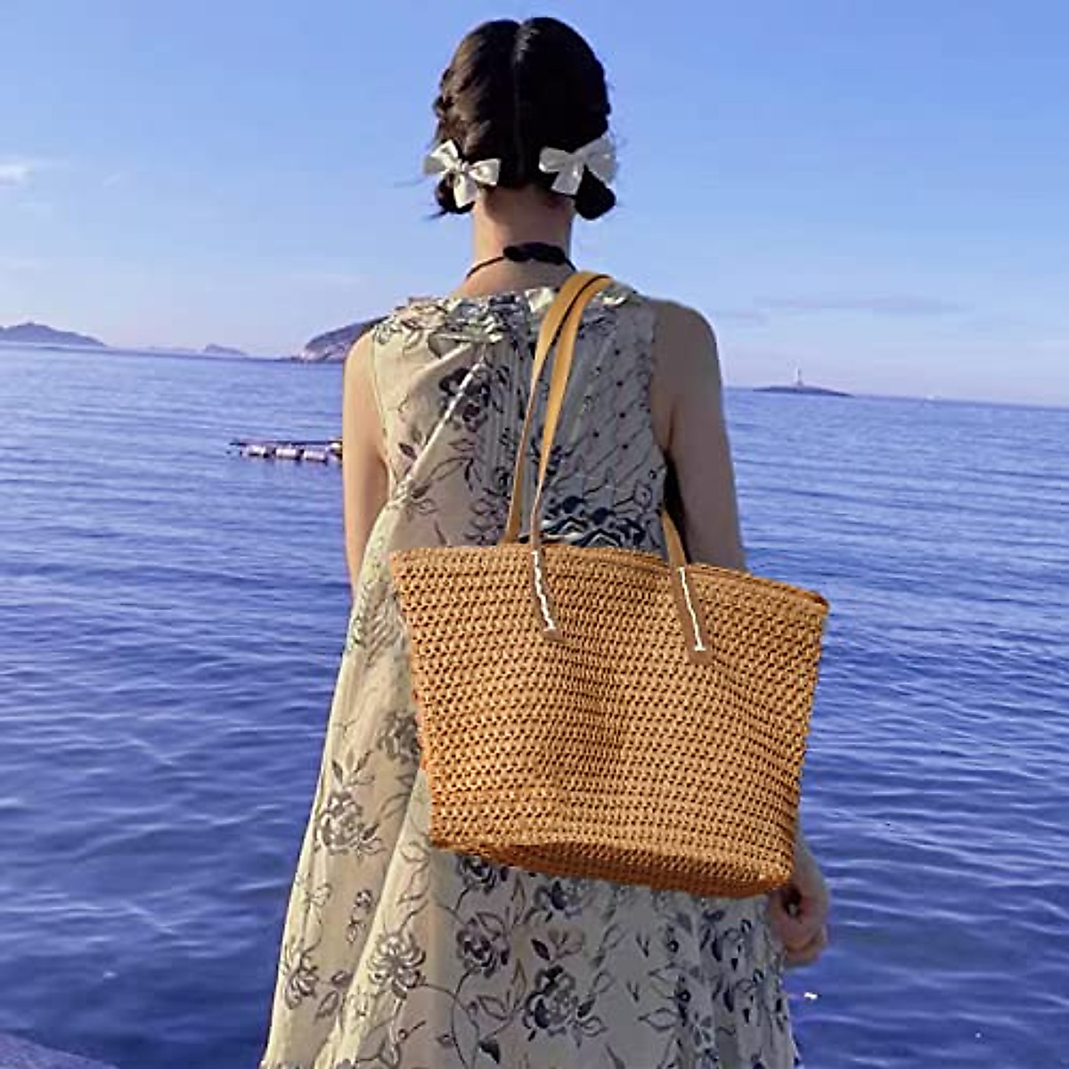 Crbeqabe Straw Beach Tote Bag for Women Large Woven Shoulder Handbag Straw Bag for Summer Beach Vocation