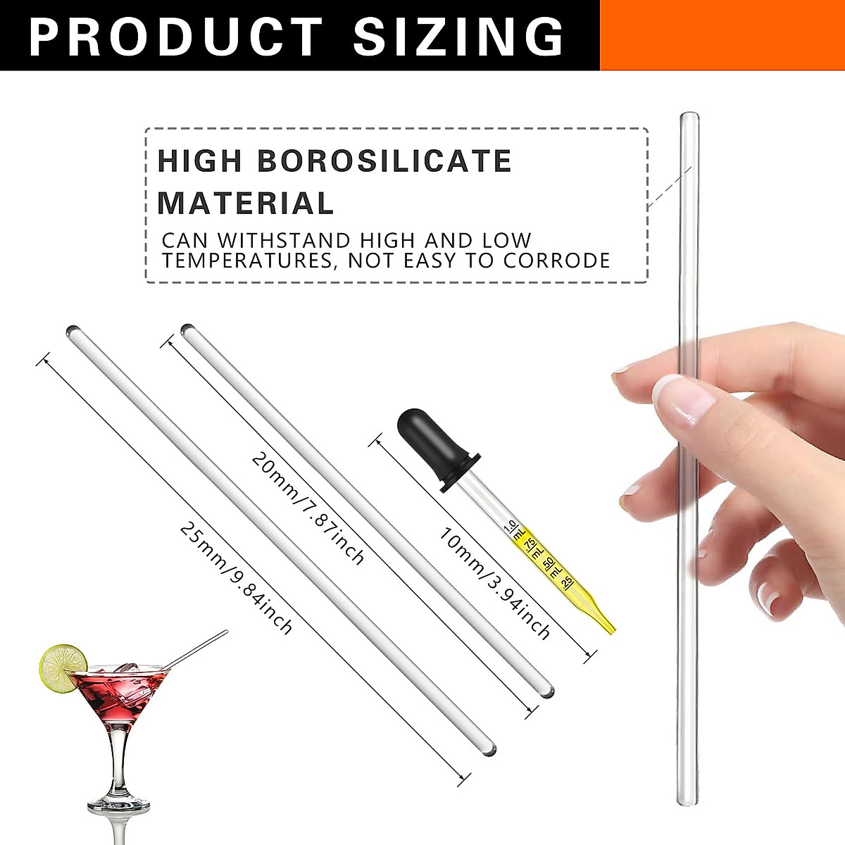 6PCS Glass Stir Sticks Lab Glass Stirring Rod 8"X2 10"X2 with Both Ends Round and 3PCS Glass Graduated Droppers 4"X2 for Science Lab Kitchen Science Education (9)