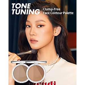 HOLIKA HOLIKA Tone Tuning Shading Contour Palette with Double Ended Contour Brush 01 Cool Grown – Contouring Pressed Powder Korean Cosmetics with Optimal Ratio 3 Colors for Flawless, Long-Lasting Makeup