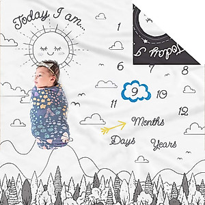 Double Sided Monthly Baby Milestone Blanket- Month Blanket for Baby Pictures | Photo Blanket with Baby Photo Props | Monthly Blankets for Newborns | Baby Boy Girl Milestone Blanket (Black & White)