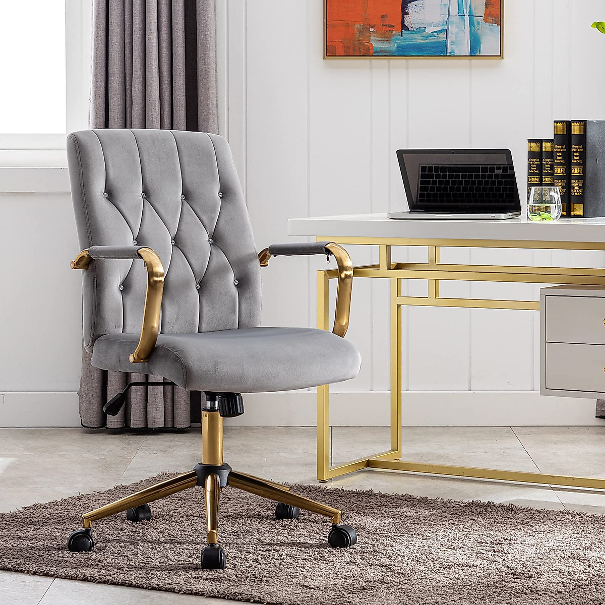 DUHOME Velvet Home Office Desk Chairs, Modern Gold Task Chair with Wheels for Office, Swivel Adjustable Computer Chair with Armrest and Gold Base Grey