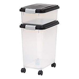 IRIS USA 3-Piece 35 Lbs / 45 Qt WeatherPro Airtight Pet Food Storage Container Combo with Scoop and Treat Box for Dog Cat and Bird Food, Keep Pests Out, Translucent Body, Easy Mobility, Black