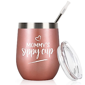 LiqCool Gifts for Mom, Christmas Gifts for Mom, Mom Gifts from Daughter Son, Mommy Sippy Cup Wine Tumbler, Gifts for Mom Who Has Everything for Birthday Valentines Day (12 Oz, Rose Gold)