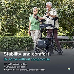 Helavo Upright Walker with Seat, 10" Front Wheels, 26.4 Wide - Foldable Stand Up Walker for Seniors with Padded Armrests - Tall Standing Rollator