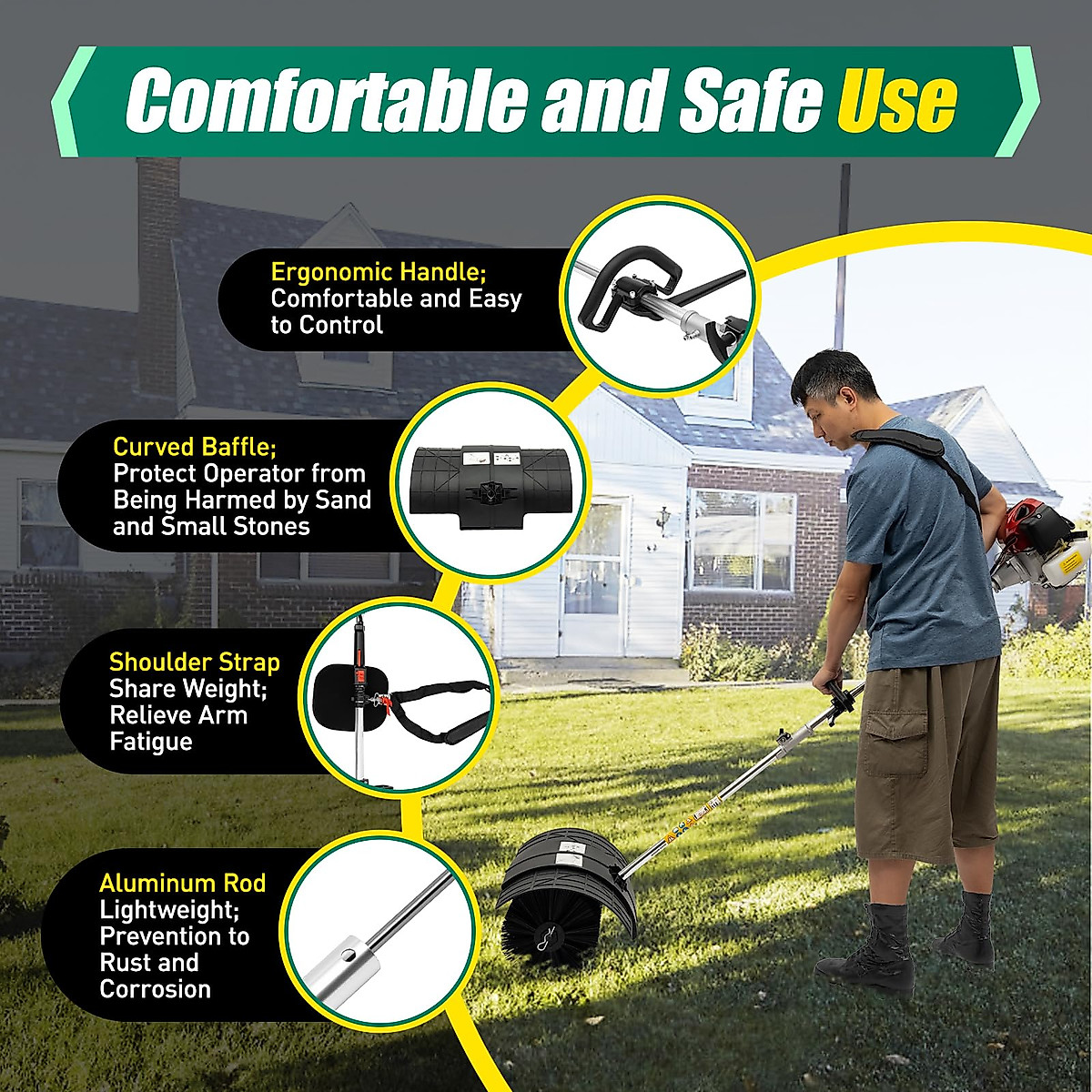 Outdoor Hand Held Gas Power Broom, 52cc Gasoline Power Broom Walk Behind Sweeper Cleaning Driveway Tools High Performance Cleaner 2.3HP 1.8M (US Stock)