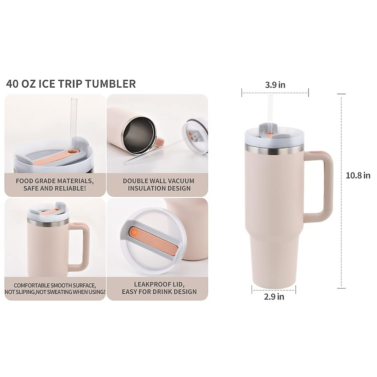 40 oz Tumbler with Handle,40oz DIY Heat Sublimation Blank Stainless Steel Vacuum Insulated Tumbler w/Handle and Straw Leak Proof,BPA-FREE,Tumbler Gifts for Women,Keep HOT/COLD Hours,White