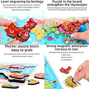 ExBePe Genuine Magnetic Wooden World Map Puzzle,92 Country Flash Cards,National Flags Introduction,Preschool Learning Education Geography Toy for Kid Ages 3+