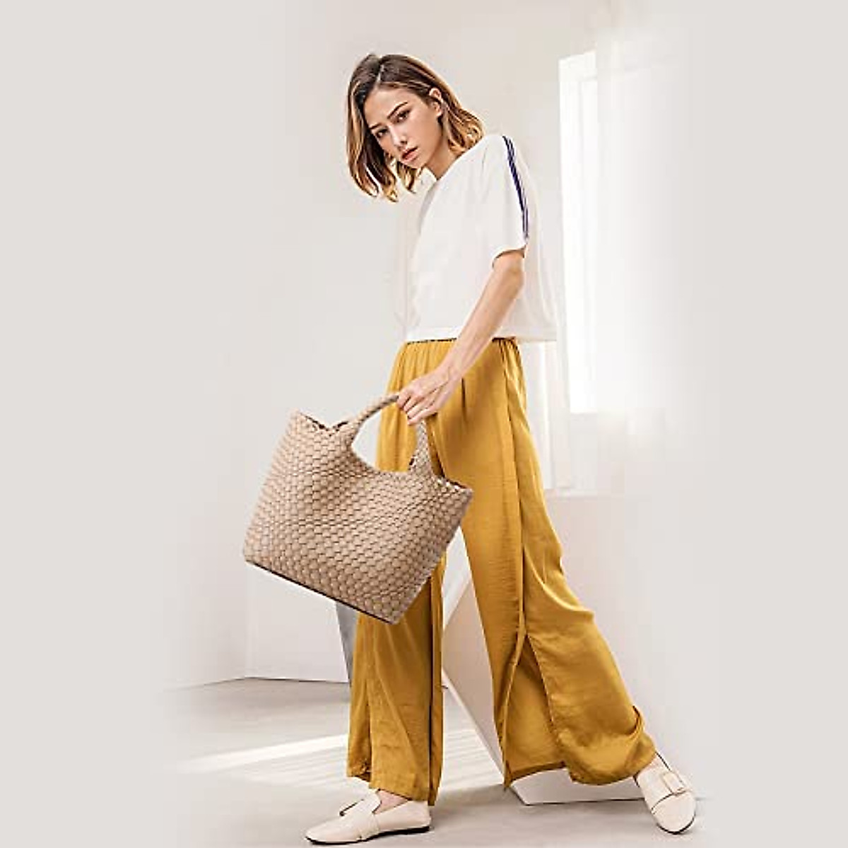 Woven Bag for Women, Vegan Leather Tote Bag Large Summer Beach Travel Handbag and Purse Retro Handmade Shopper Bag