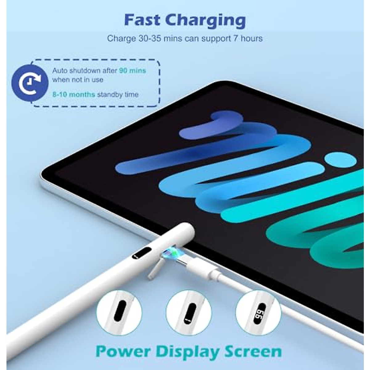 MoKo Stylus Pens for Touch Screens, Fast Charge Stylus Pen for Apple iPad/iPhone/Samsung/Lenovo/iOS/Android Tablets&Smart Phone Universal Stylus Capacitive Screen Pencil with Power Display, White