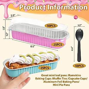DI QIU REN 50Pack Disposable Mini Loaf Pan with Lid and Spoon, 0.42 Pound Rectangular Aluminum Silver Mini Loaf Pan for Loaf, Cake, Brownie, Cupcake