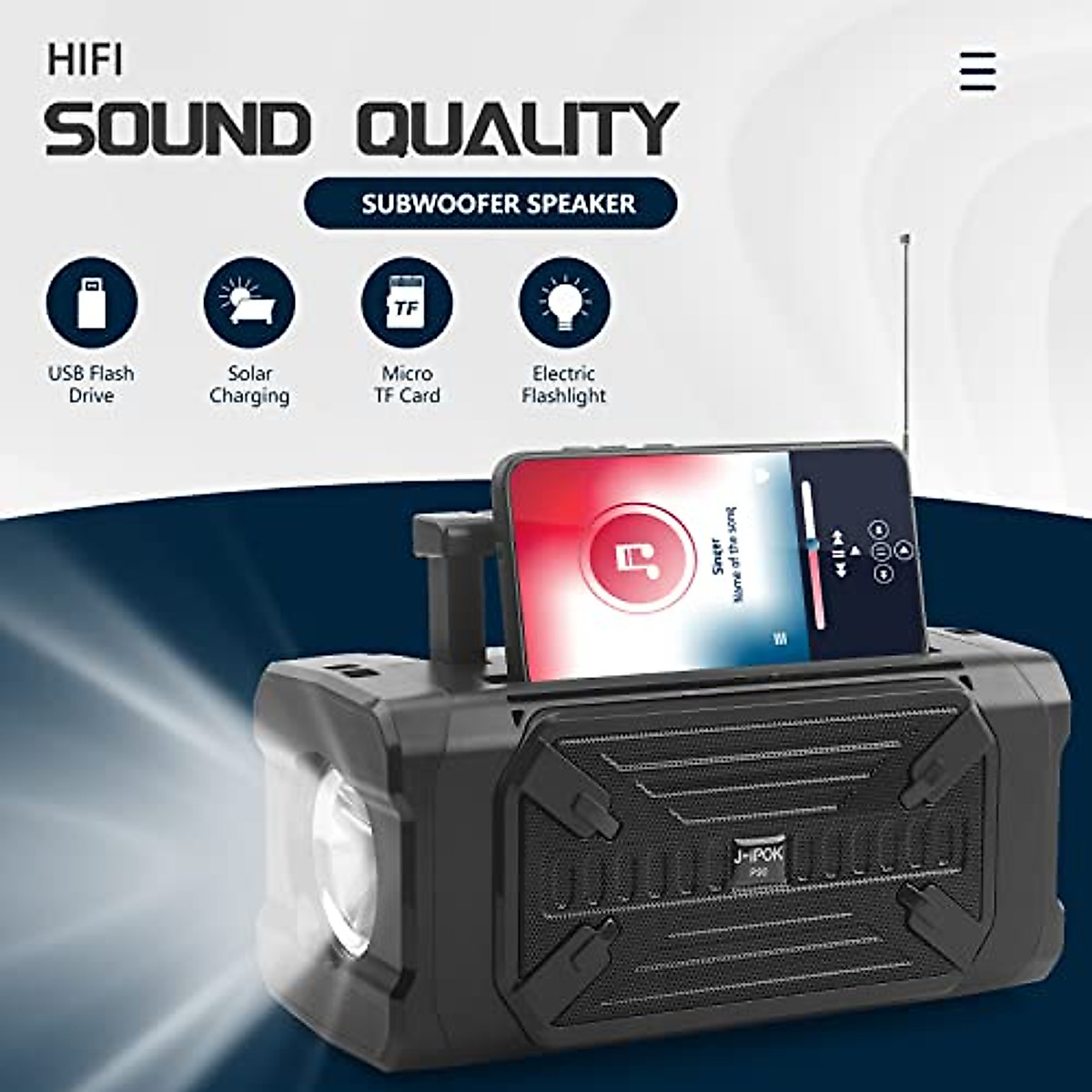 Portable Solar Bluetooth Speaker with Outdoor Emergency Flashlight, FM Radio Function, High Audio Bluetooth Speaker High Power Wireless Speaker