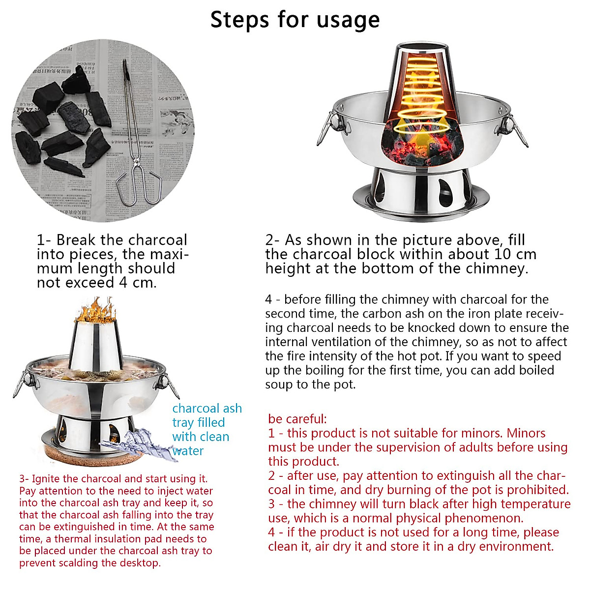 stainless steel hot pot Chinese Charcoal hotpot, Chinese meats fondue Lamb outdoor cooker picnic cooke (1.9-QT, silver)