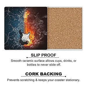Electric Guitar in Fire and Water Square Ceramic Coasters for Drink Absorbent Coffee Cup Cork Holders Table Modern Decorative