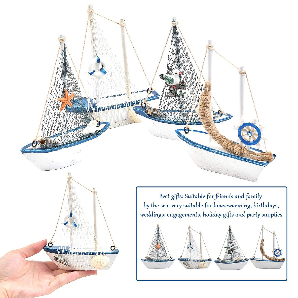 BUYGOO 4 Pack Mini Sailboat Model Decoration, Wooden Miniature Sailing Boat Home Decor Set, Beach Nautical Design, Navy Blue and White, for Ocean Theme Decoration, 4.3 x 5.3 x 1.25 Inches (4 Different Design)