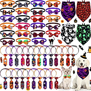 50 Pcs Halloween Dog Bow Tie Collar Set Includes 4 Dog Bandanas, 23 Pet Neckties, 23 Pet Costume Bow Ties, Adjustable Pumpkin Ghost Pattern Bow Tie for Dogs Cats