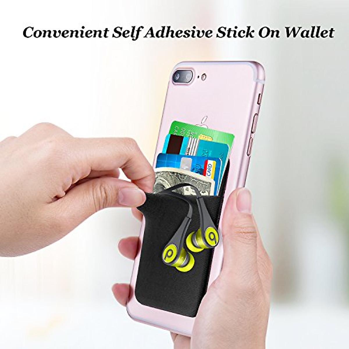 Costyle 4 Pack Credit Card Holder for Cell Phone, Stretchy Lycra Cell Phone Card Holder for Back of Phones Stick on Wallet Pocket 3M Adhesive Sticker for Samsung Galaxy iPhone-Black Blue Purple Grey