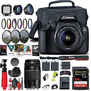 Canon EOS 4000D / Rebel T100 DSLR Camera with 18-55mm Lens, EF 75-300mm Lens, 64GB Memory Card, Color Filter Kit, Case, Photo Software, 2 x LPE10 Battery + More (Renewed)