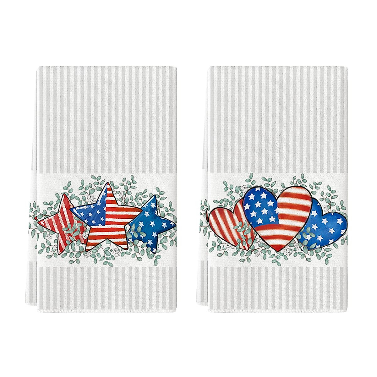 Artoid Mode Stripes Eucalyptus Leaves American Flag Stars Heart Veterans Day Kitchen Towels Dish Towels, 18x26 Inch Decoration Hand Towels Set of 2