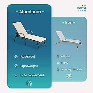 Pellebant Aluminum Pool Lounge Chairs Set of 2, Patio Chaise Lounge with Adjustable Backrest & Armrest, Heavy Duty Pool Lounge Chairs for Outside, Lawn, Yard, Patio, Pool(2pcs,New Beige)